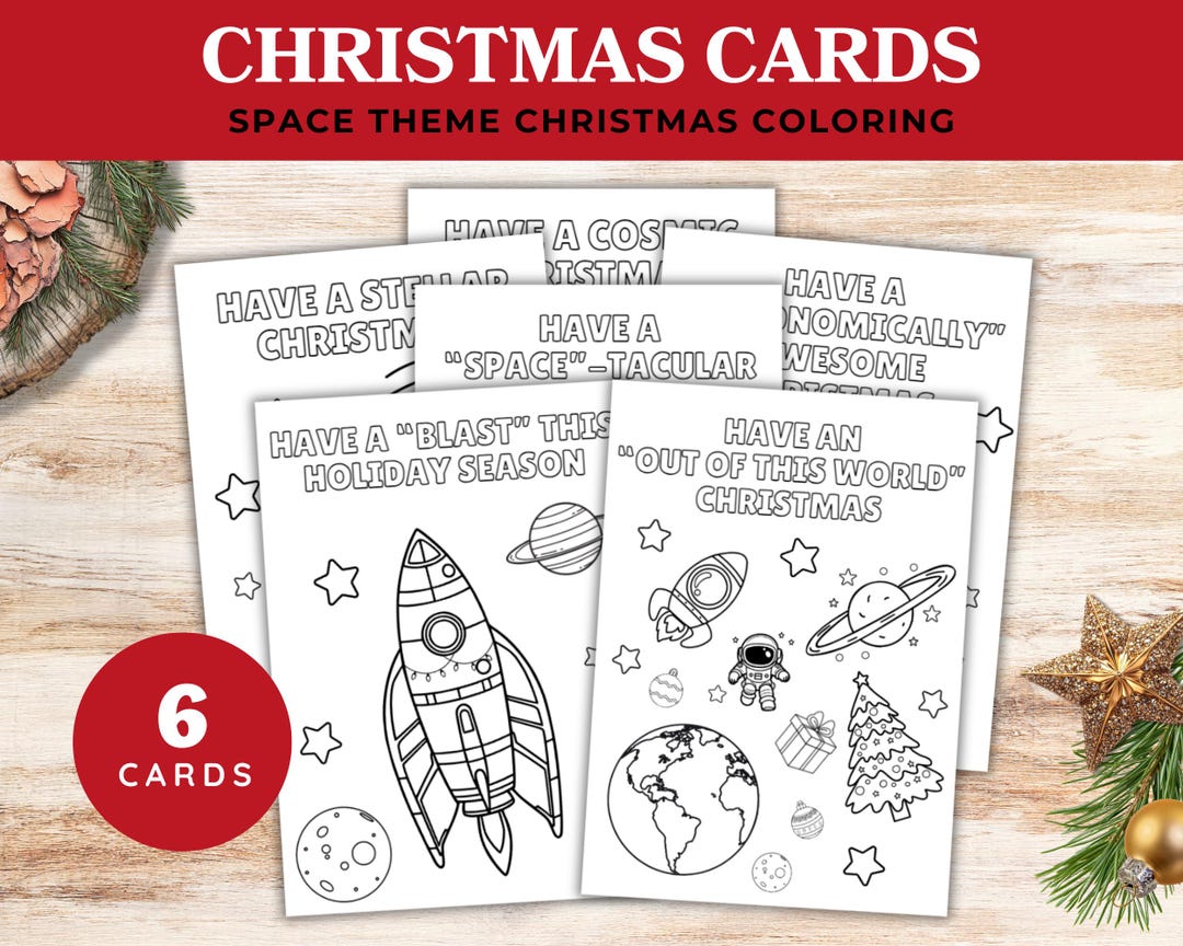 Space Christmas Coloring Cards - Printable Holiday Set, Galactic ...