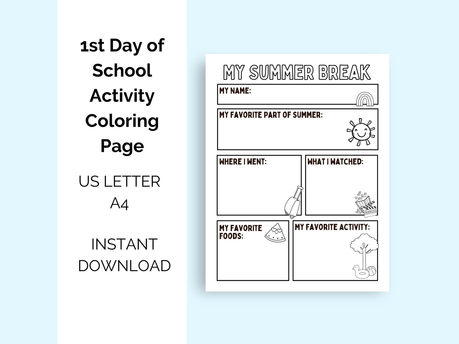 End of Summer Break Coloring Printable Fun School Activity for Kids ...