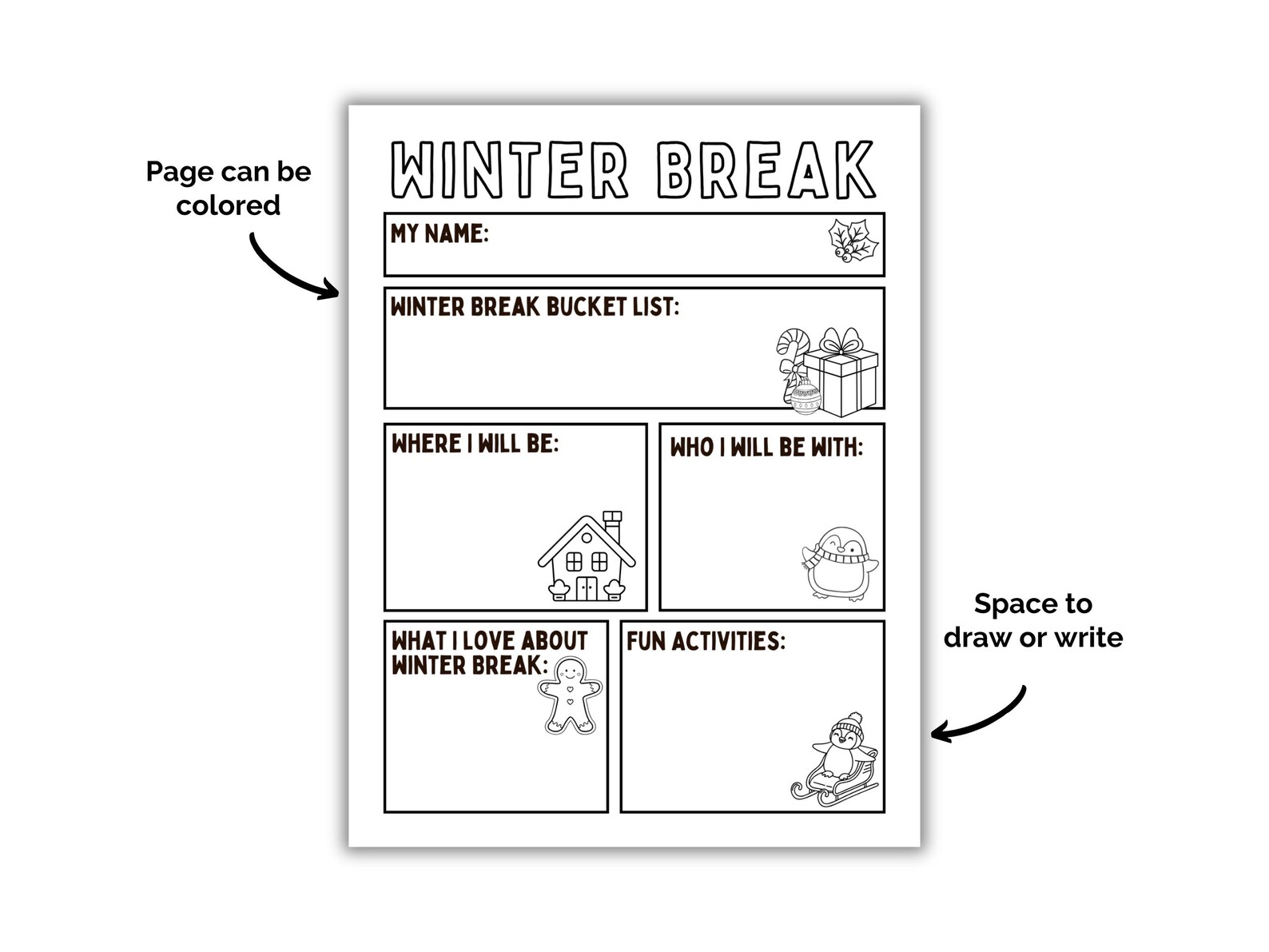 Winter Break Coloring Printable for Kids - Fun Activity Sheet, Kids ...