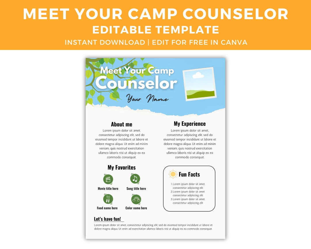 Summer Camp Fun: Printable Meet the Counselor Flyer Template, Get to ...