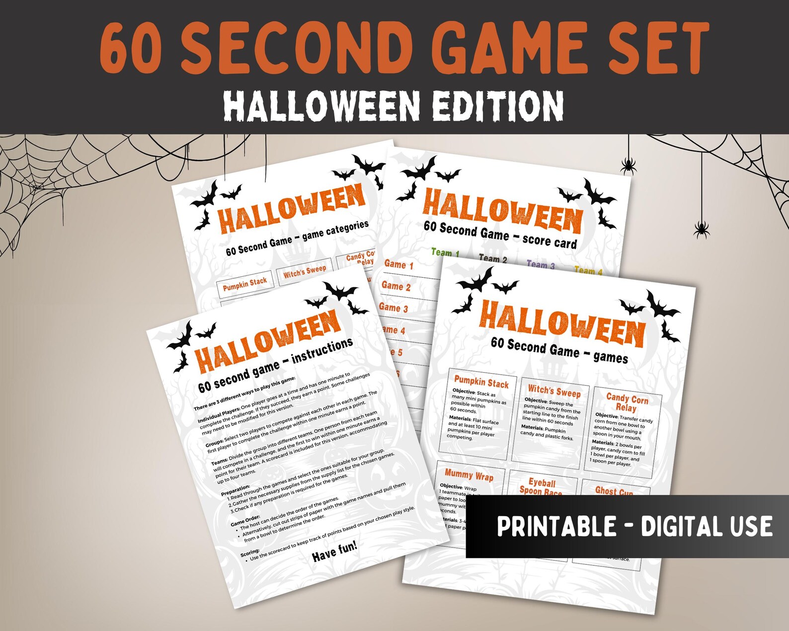 Fun Halloween Party 60 Second Games Instant Printable for Teens ...