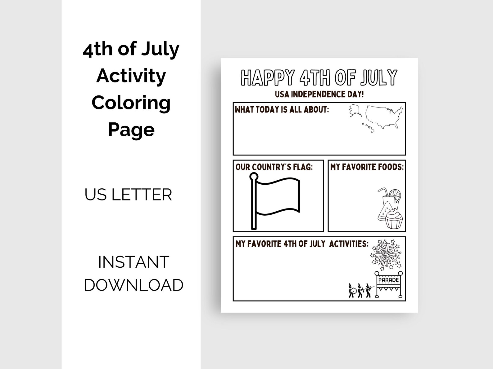 4th of July Activity Coloring Page Printable, Kids Independence Day ...