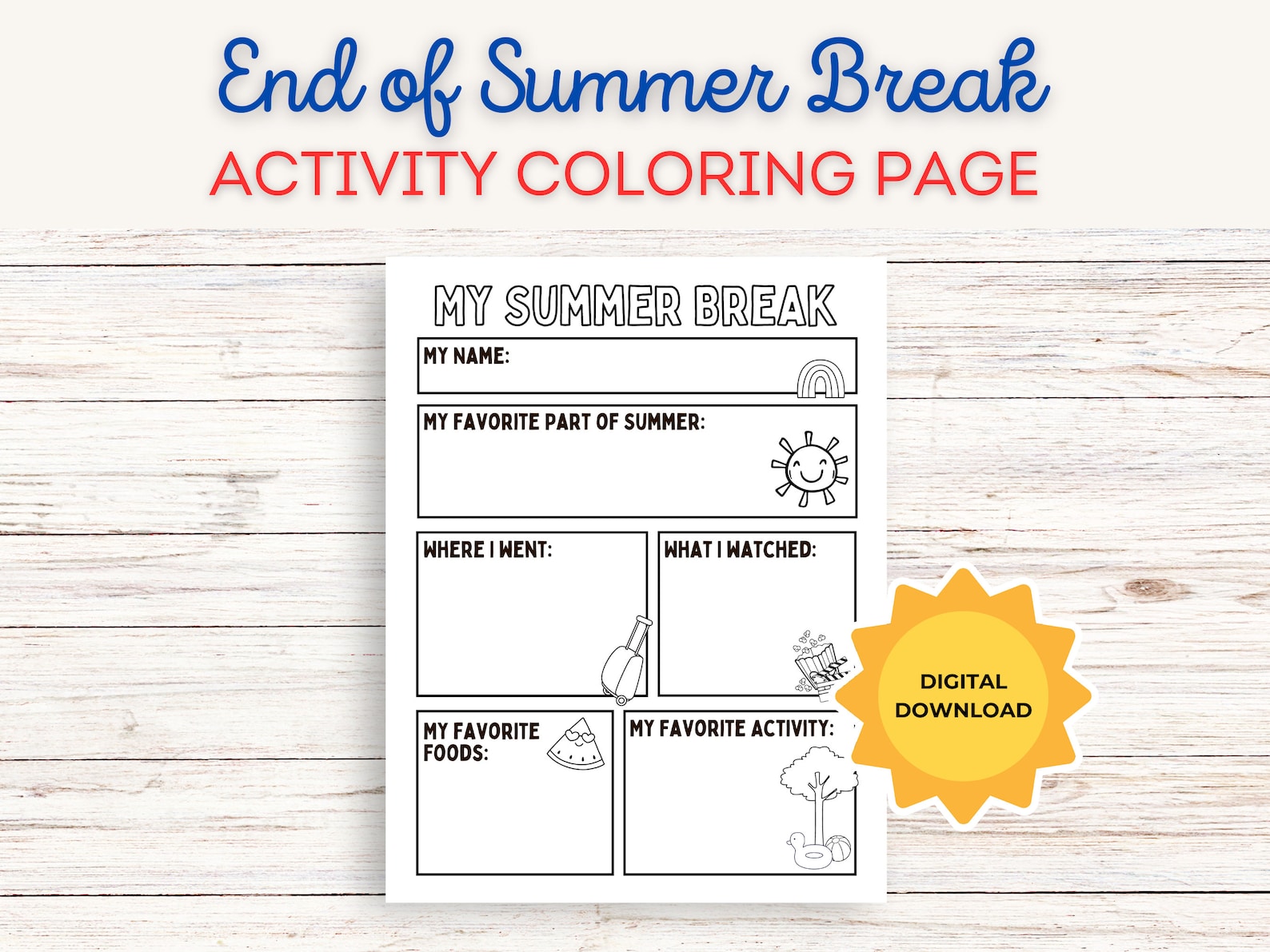 End of Summer Break Coloring Printable - Fun School Activity for Kids ...
