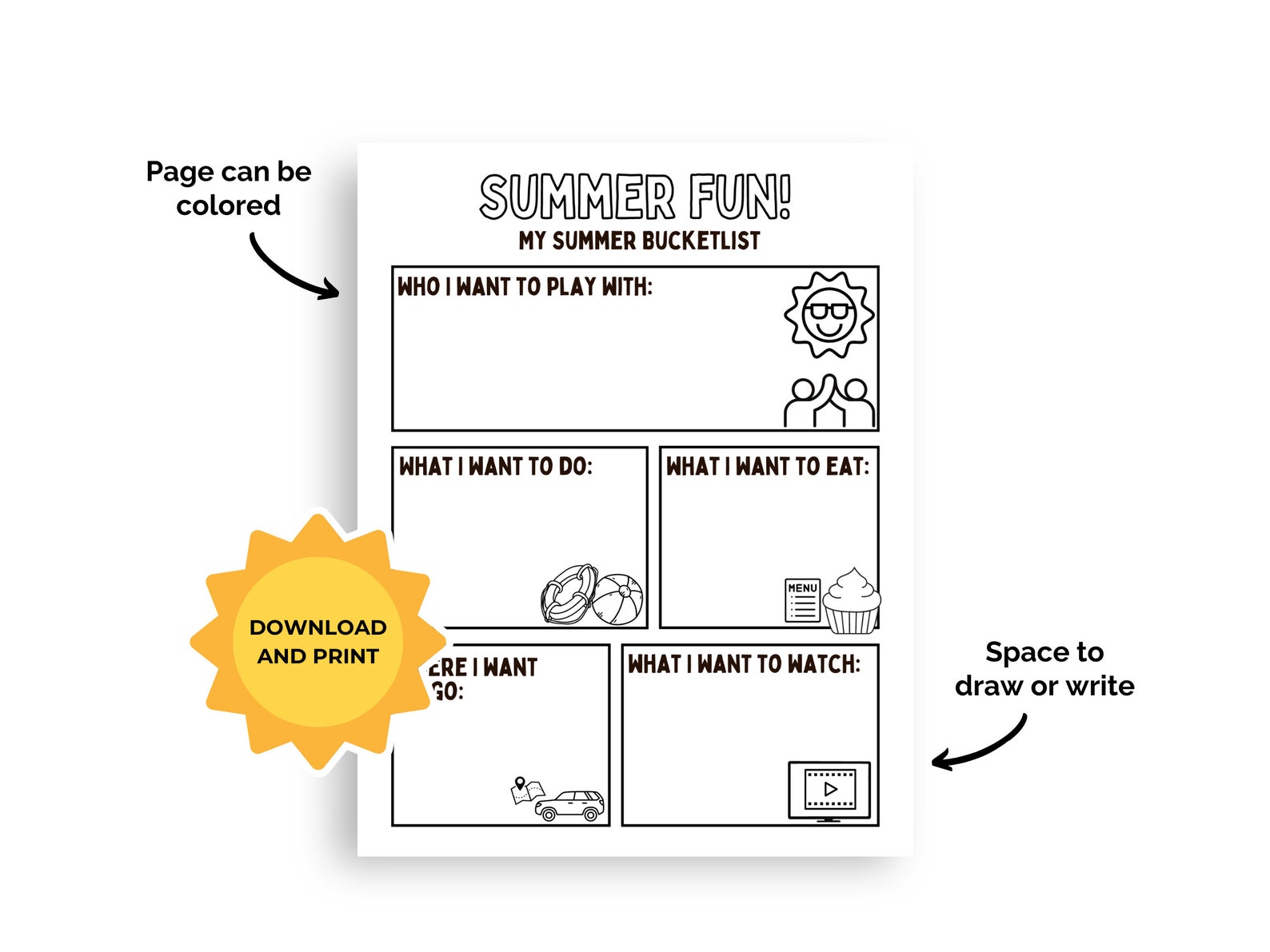 Kids Summer Bucket List Plan Printable, Coloring Page for Beginning ...