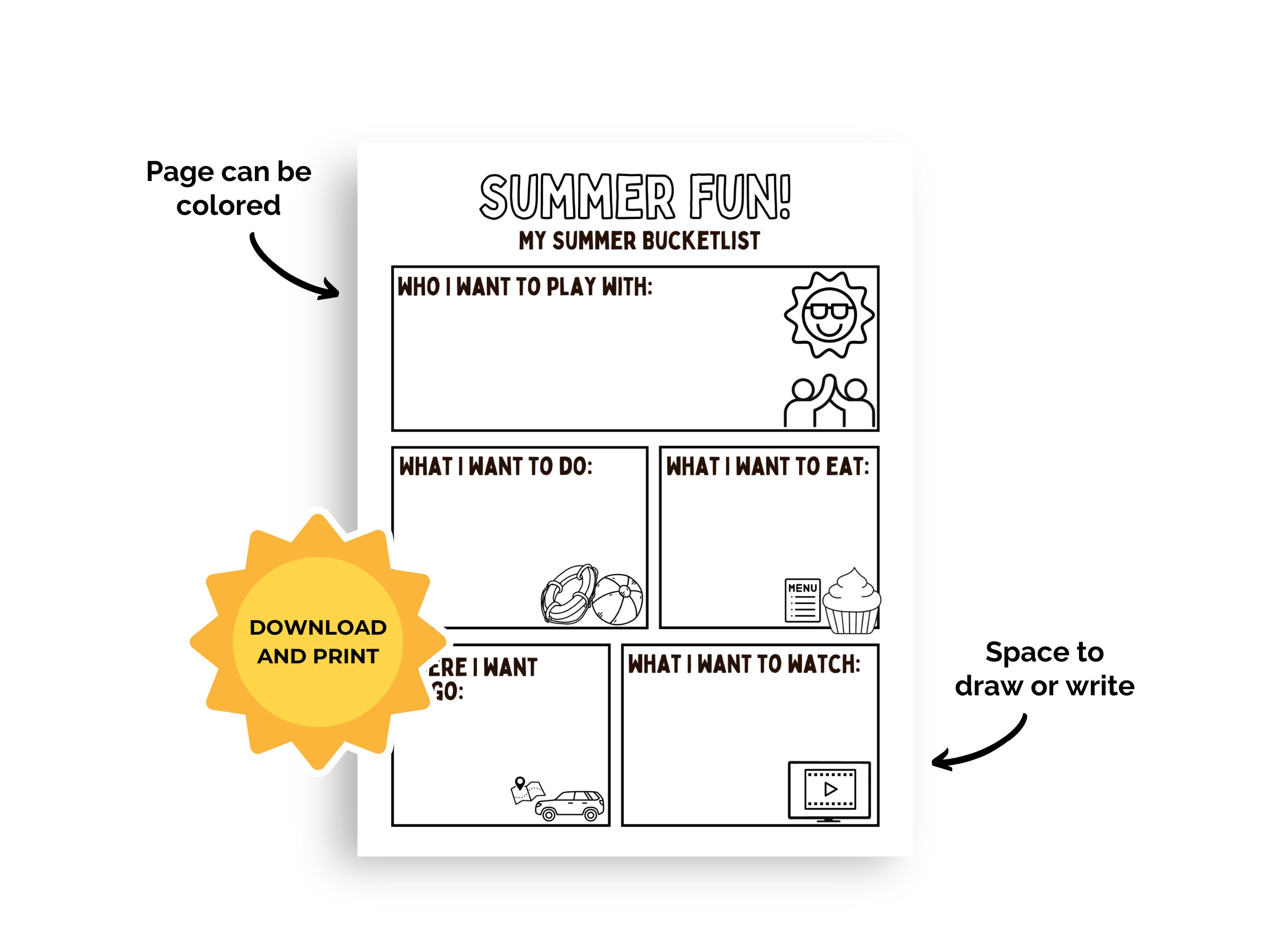 Kids Summer Bucket List Plan Printable, Coloring Page for Beginning ...