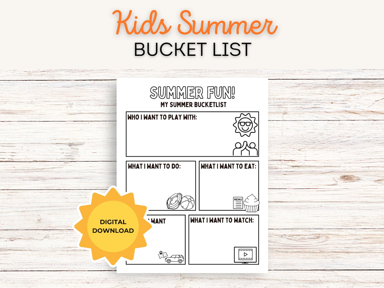 Kids Summer Bucket List Plan Printable, Coloring Page for Beginning ...