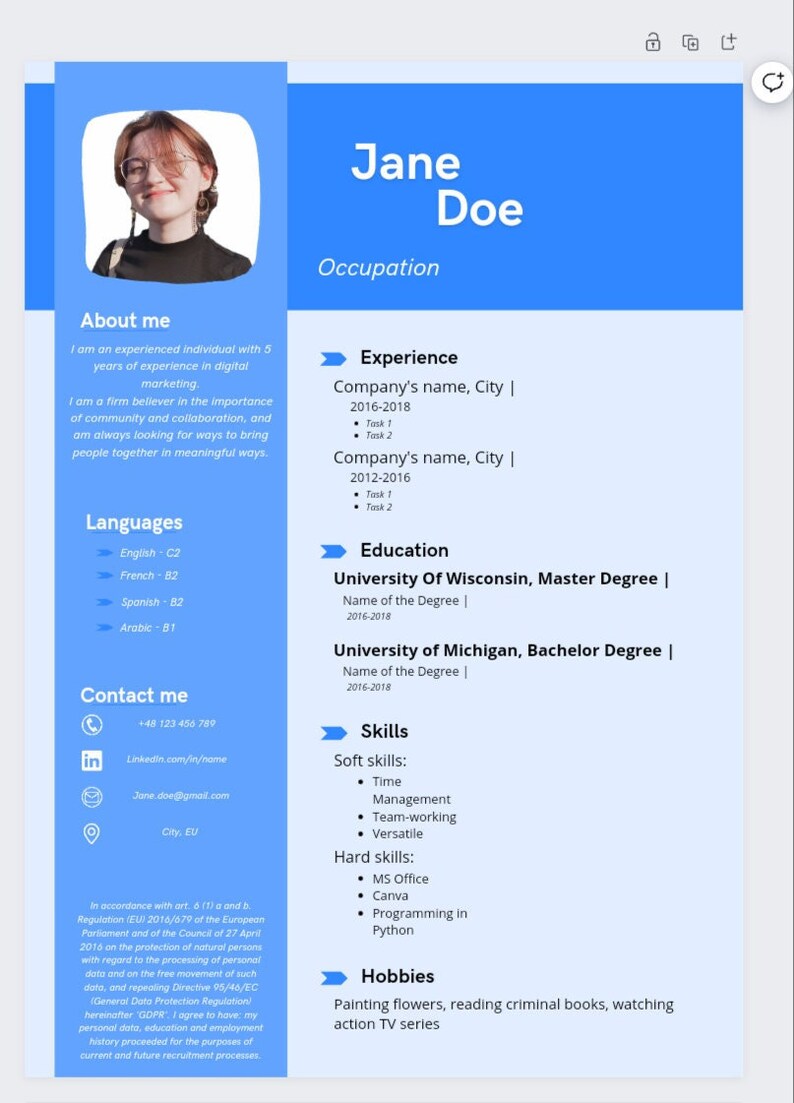 CV Template Professional Blue Baby Blue - Etsy