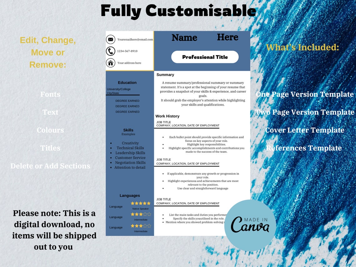 Resume, Resume Template, CV, CV Template, Editable, Customise, Canva ...