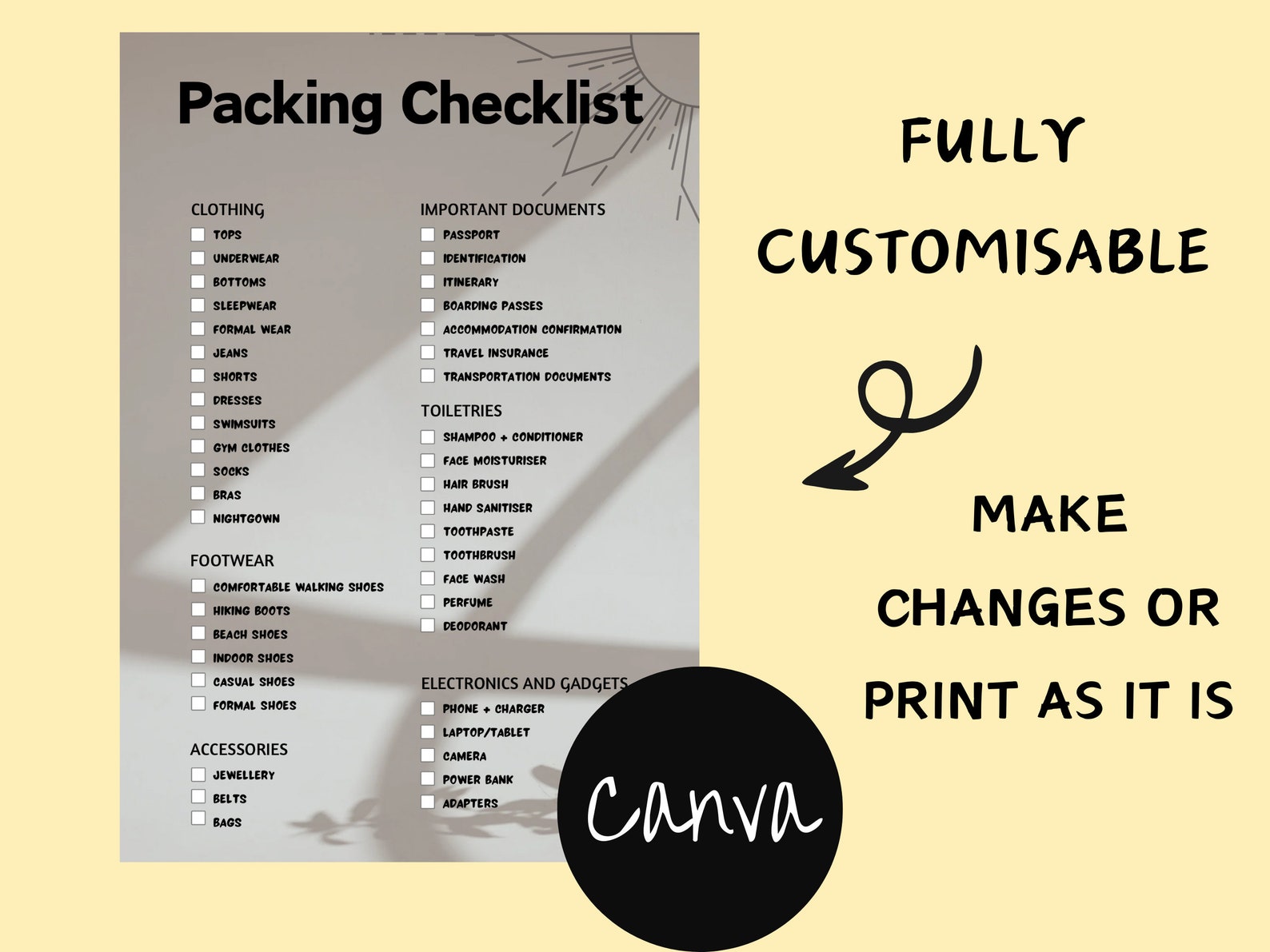 Packing Checklist, Notes, Editable, Printable, Template, Vacation ...