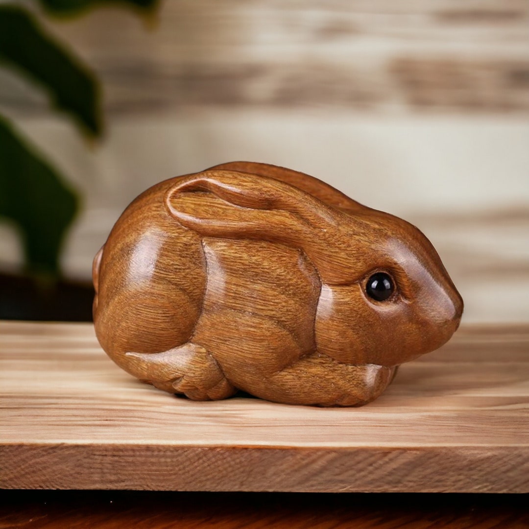 Wooden Rabbit Sculpture Home Decor Sandalwood Carving Wooden Rabbit ...