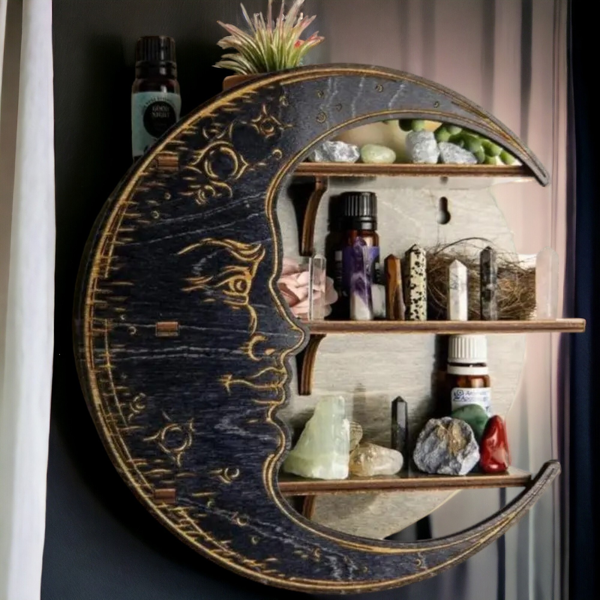 Wooden Moon Face Display Moon Floating Shelf Wall Decor Boho Home Decor ...