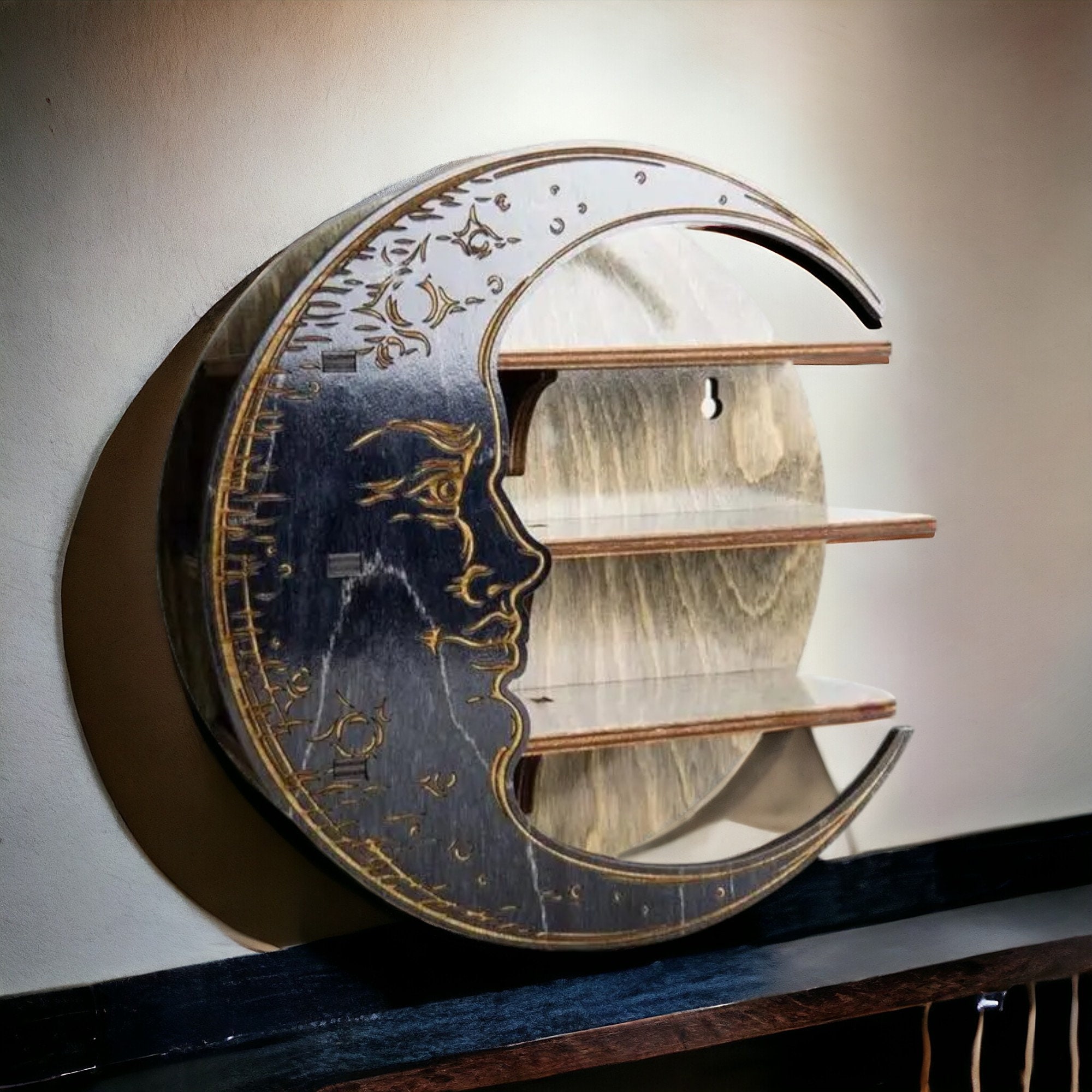 Wooden Moon Face Display Moon Floating Shelf Wall Decor Boho Home Decor ...