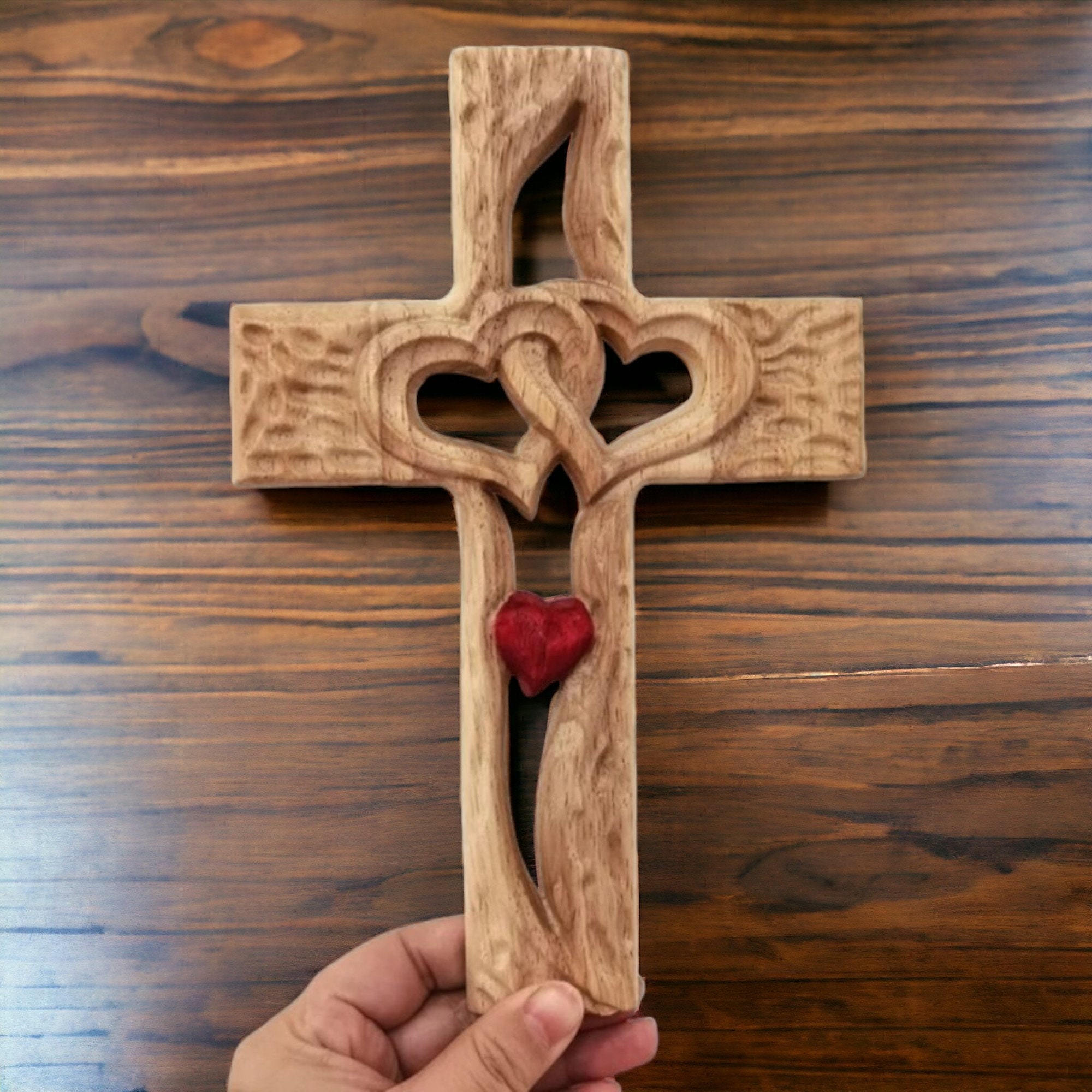 Wood Carved Cross Wooden Figurine Wooden Intertwined Hearts Home Decor ...