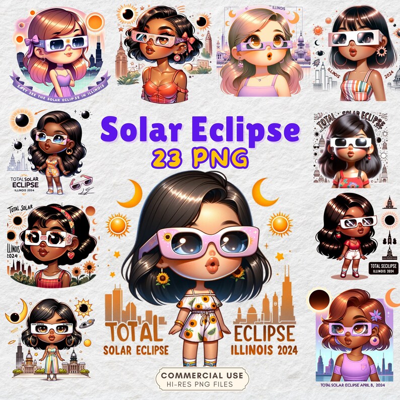 ILLINOIS Solar Eclipse Chibi Girl 2024 Clipart Watercolor PNG, Eclipse ...