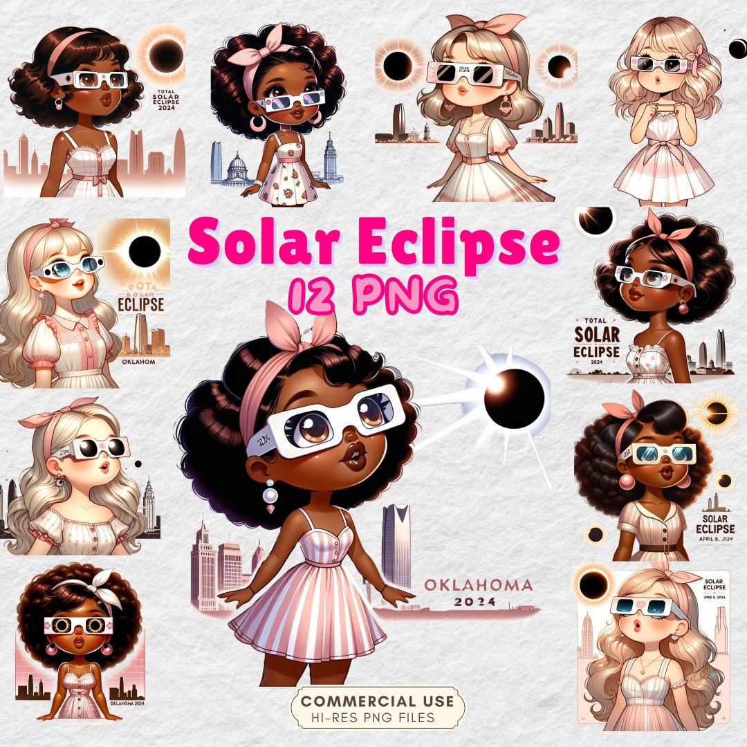 OKLAHOMA Solar Eclipse Chibi Girl 2024 Clipart Watercolor PNG, Digital ...