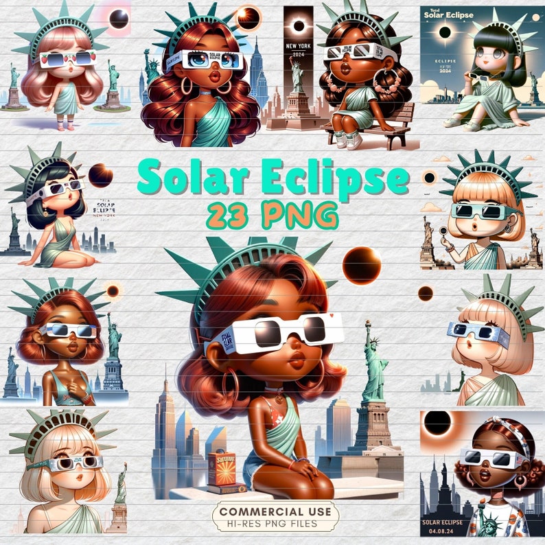 NY New York Solar Eclipse Chibi Girl 2024 Clipart Watercolor PNG ...