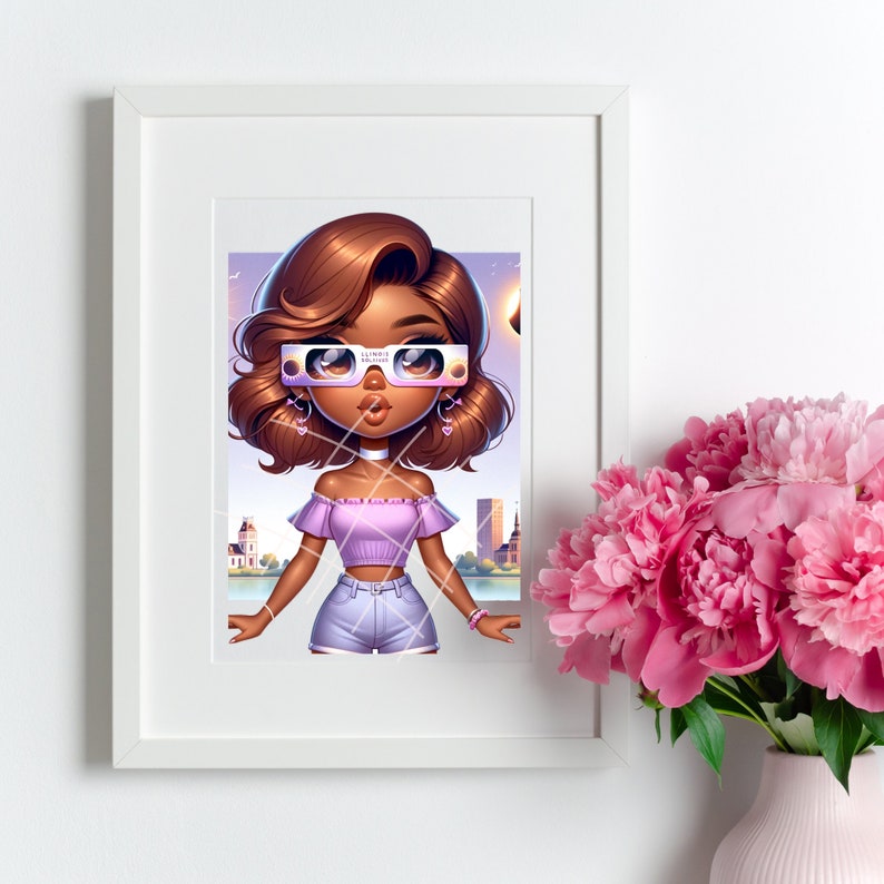 ILLINOIS Solar Eclipse Chibi Girl 2024 Clipart Watercolor PNG, Eclipse ...