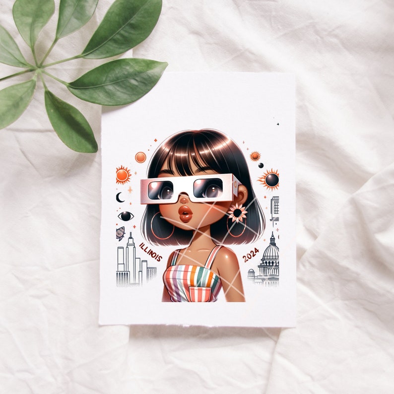 ILLINOIS Solar Eclipse Chibi Girl 2024 Clipart Watercolor PNG, Eclipse ...