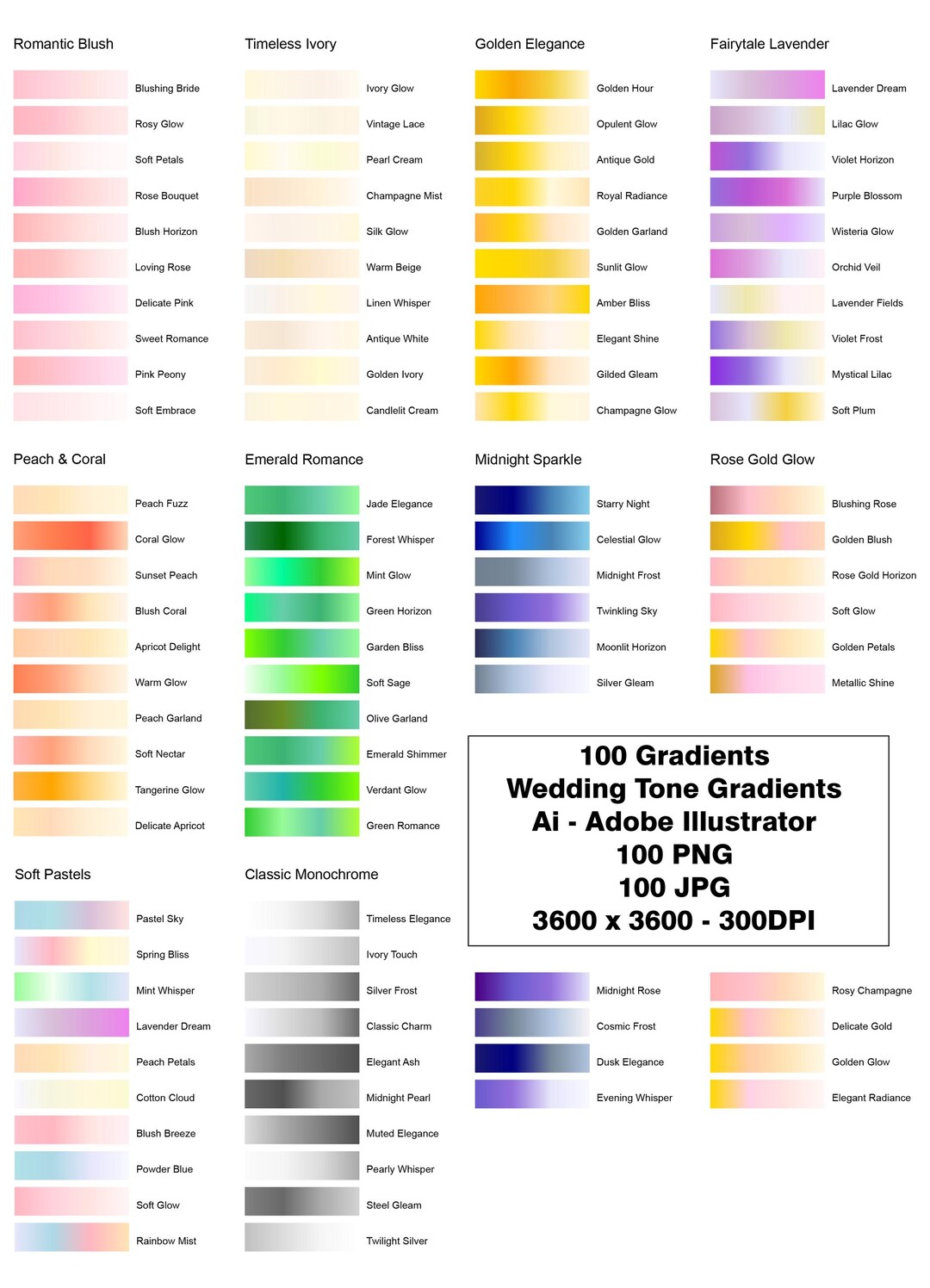 100 Gradients, 100 Tones, Wedding Gradients PNG, JPG & Ai High ...