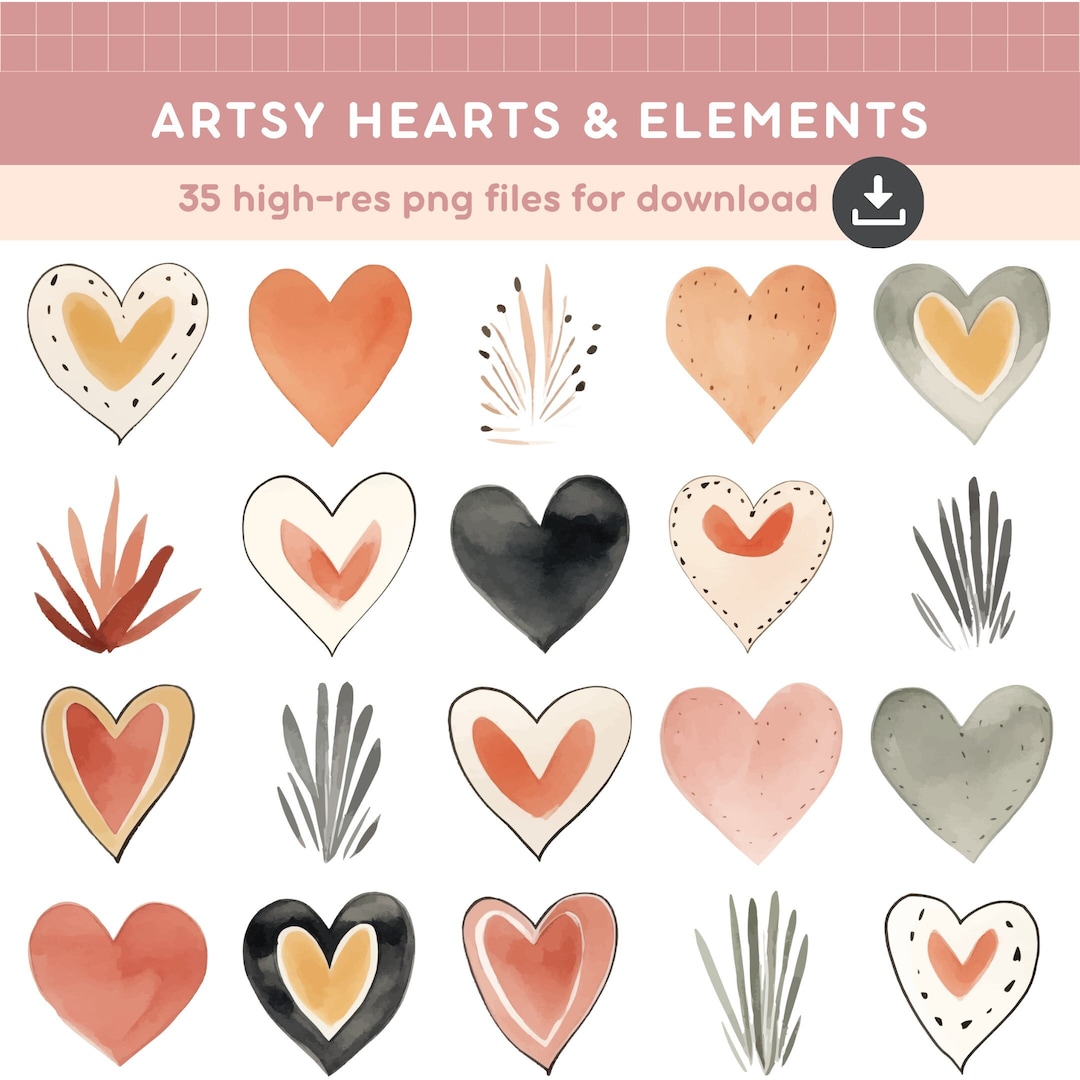 Watercolor Heart Clipart: Boho PNG Art, Scrapbooking Planner (digital ...