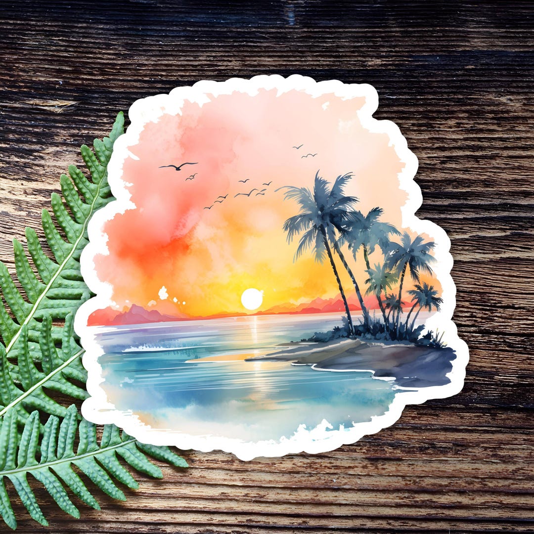 BEACH SUNSET STICKER Beach Sticker Palm Tree Sticker, Sunset Art, Sea ...