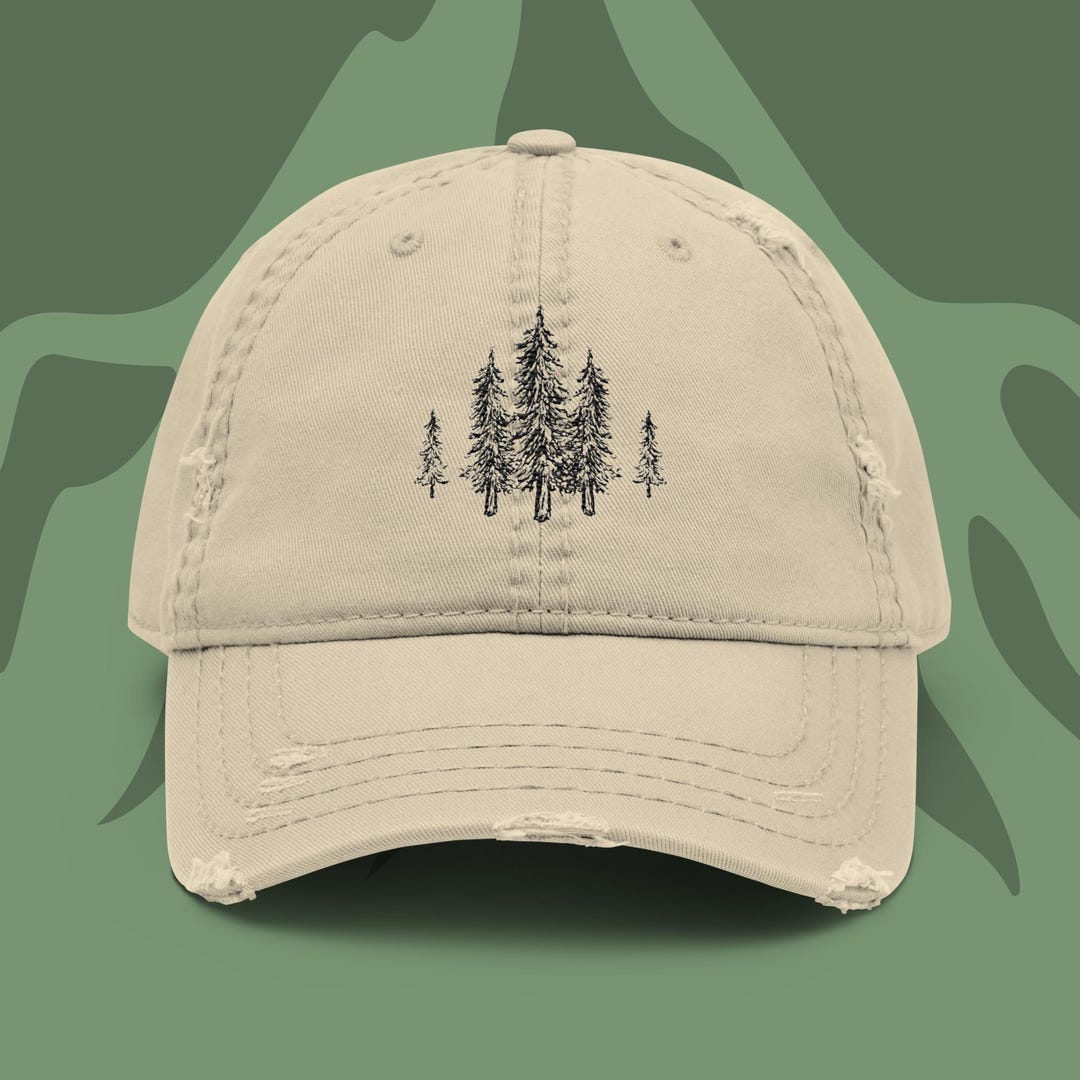 Evergreen Tree Embroidered Distressed Dad Hat, Forrest Trees Hat ...