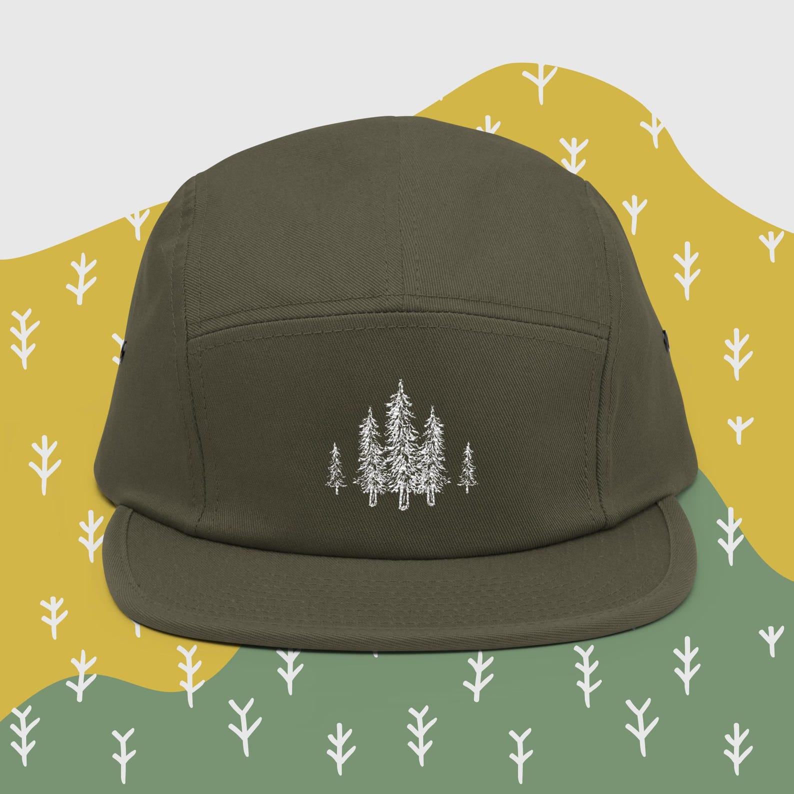 Evergreen Tree Embroidered 5 Panel Hat, Forrest Trees Hat, Camping ...