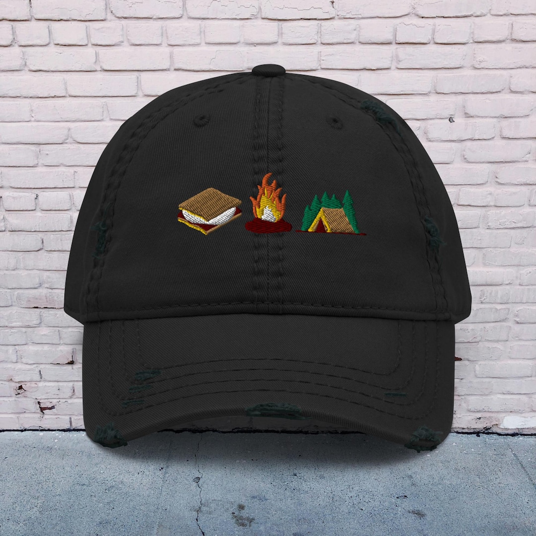 Camping Trio Embroidered Distressed Dad Hat, Smores Campfire Hat ...