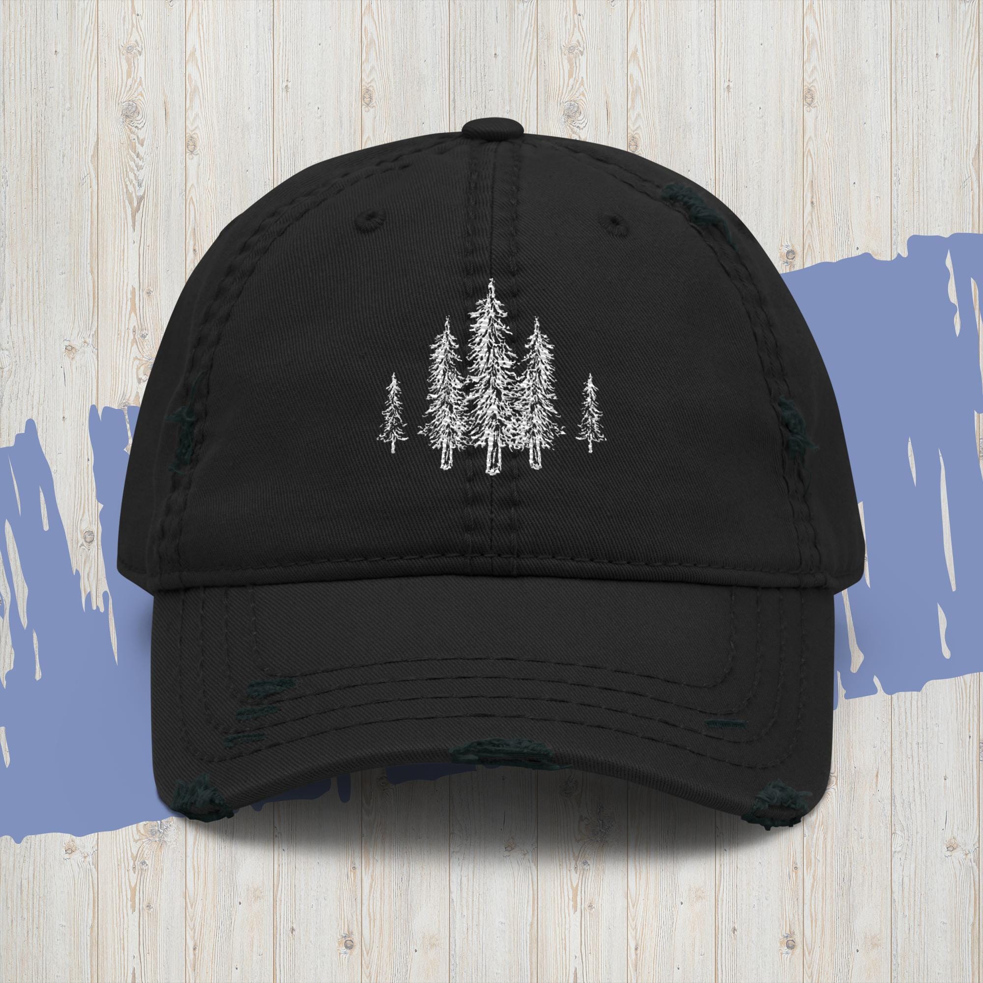 Evergreen Tree Embroidered Distressed Dad Hat, Forrest Trees Hat ...