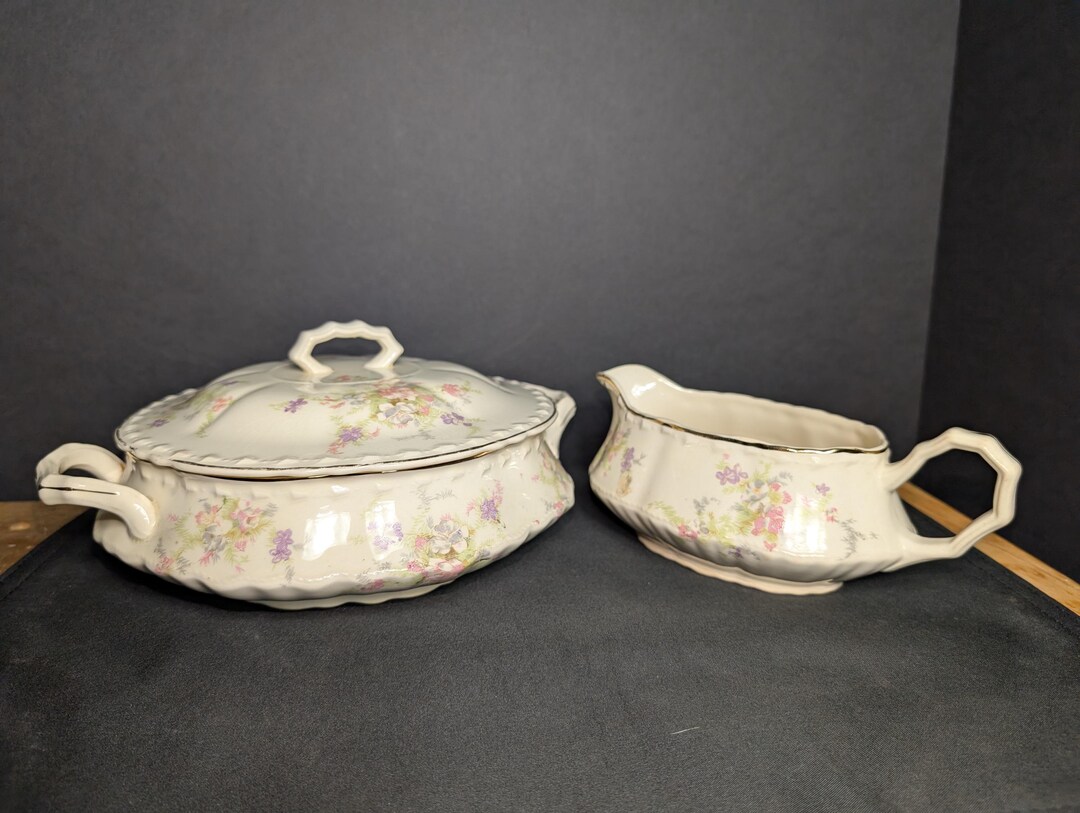 Vintage Crooksville Set Round Covered Casserole Dish and Gravy Boat ...