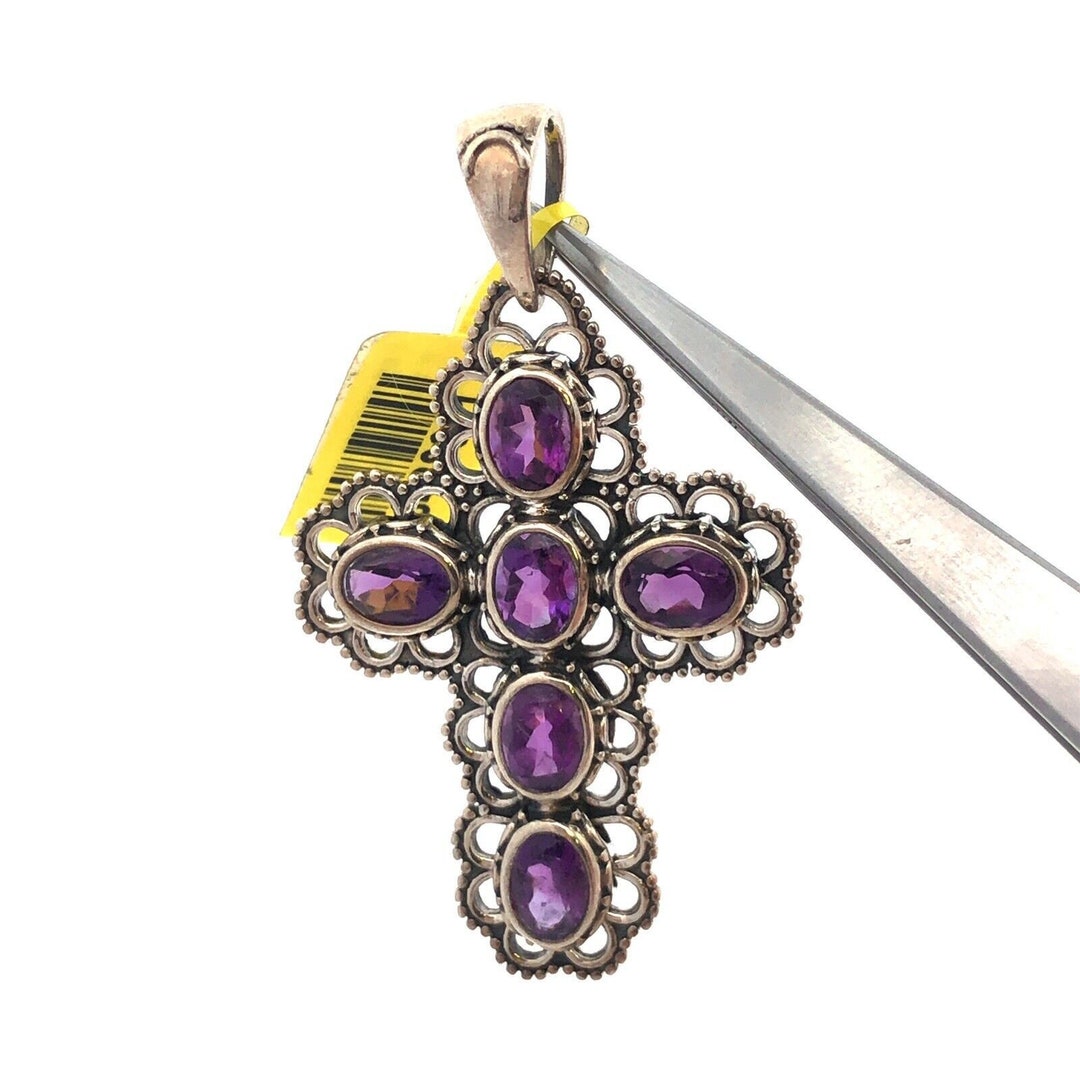 Designer Djoy 925 Sterling Silver Oval Amethyst Beaded Detail Cross ...