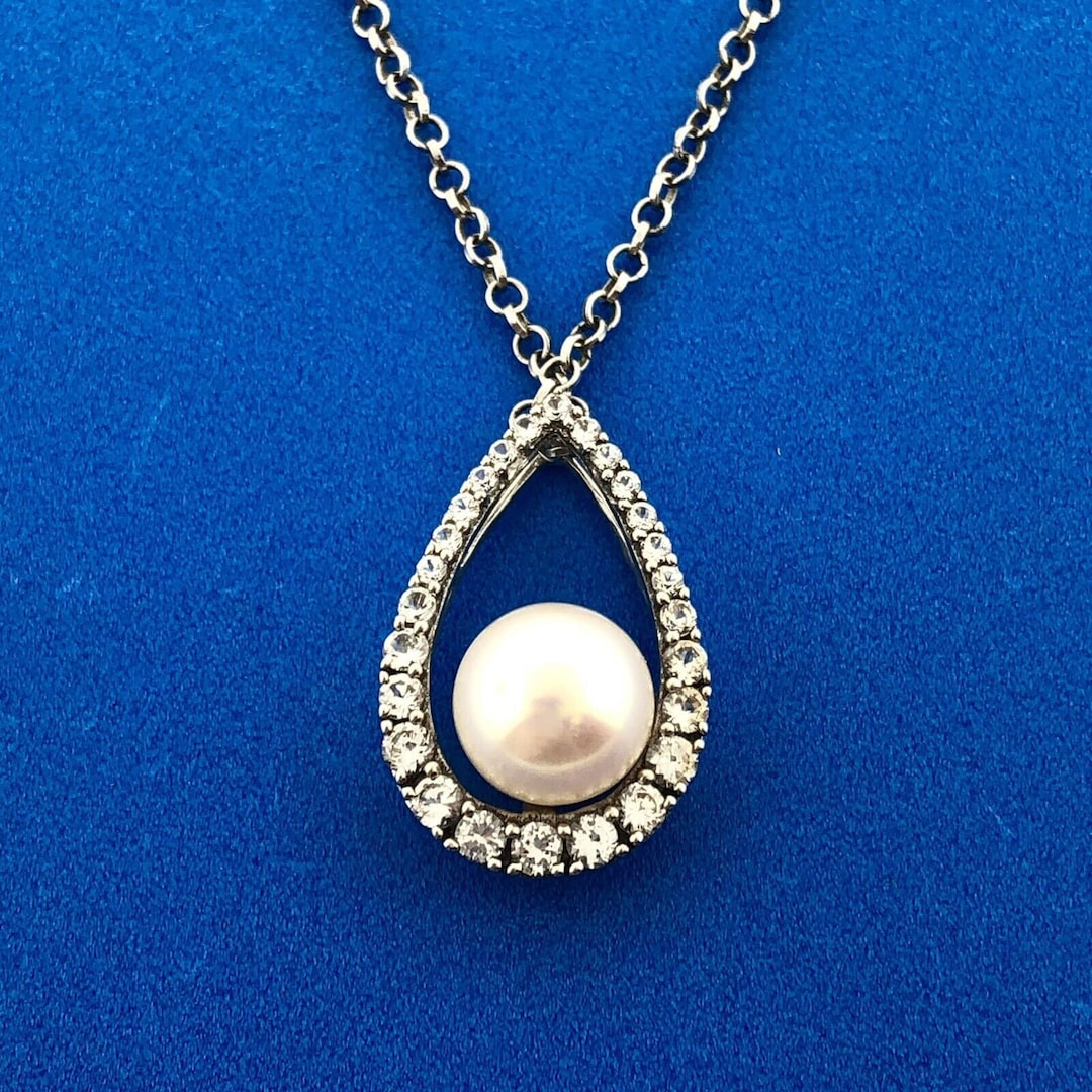 Designer Sterling Silver Pearl Diamond Bridal Perfect Pear Drop Pendant ...