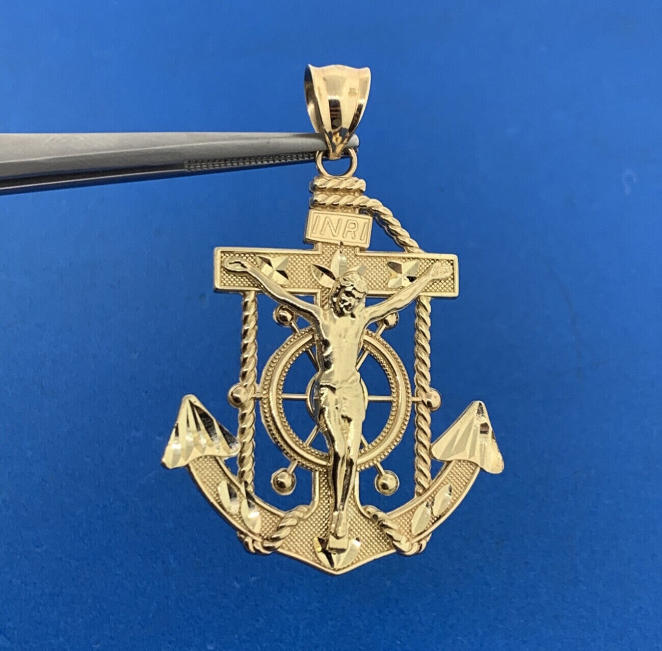 Designer 10K Yellow Gold Sailors Cross Anchor Navy Religious Statement ...