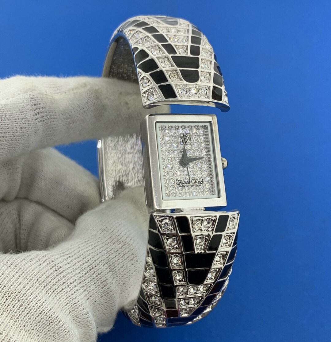 Victoria Wieck Silver Tone Black Enamel Pave Crystal Hinged Cuff Watch ...