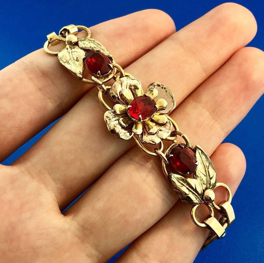 Art Deco Art Nouveau 12K Gold Filled Sterling Silver Red Rhinestone ...