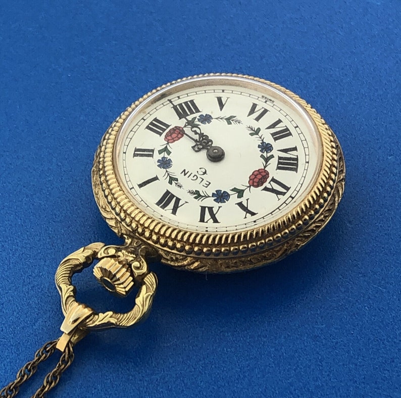 Elgin Gold Tone Ornate 17 Jewels Ladies Floral Pendant Watch With Chain ...