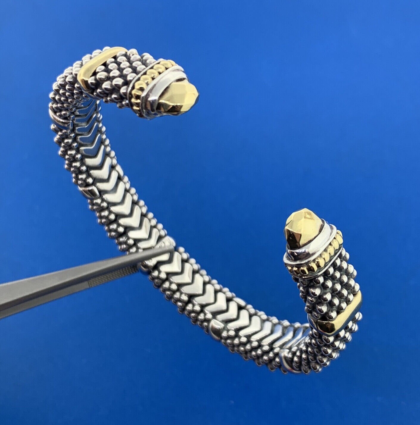 Lagos Caviar 925 Sterling Silver 18K Yellow Gold Signature Small Cuff Bracelet