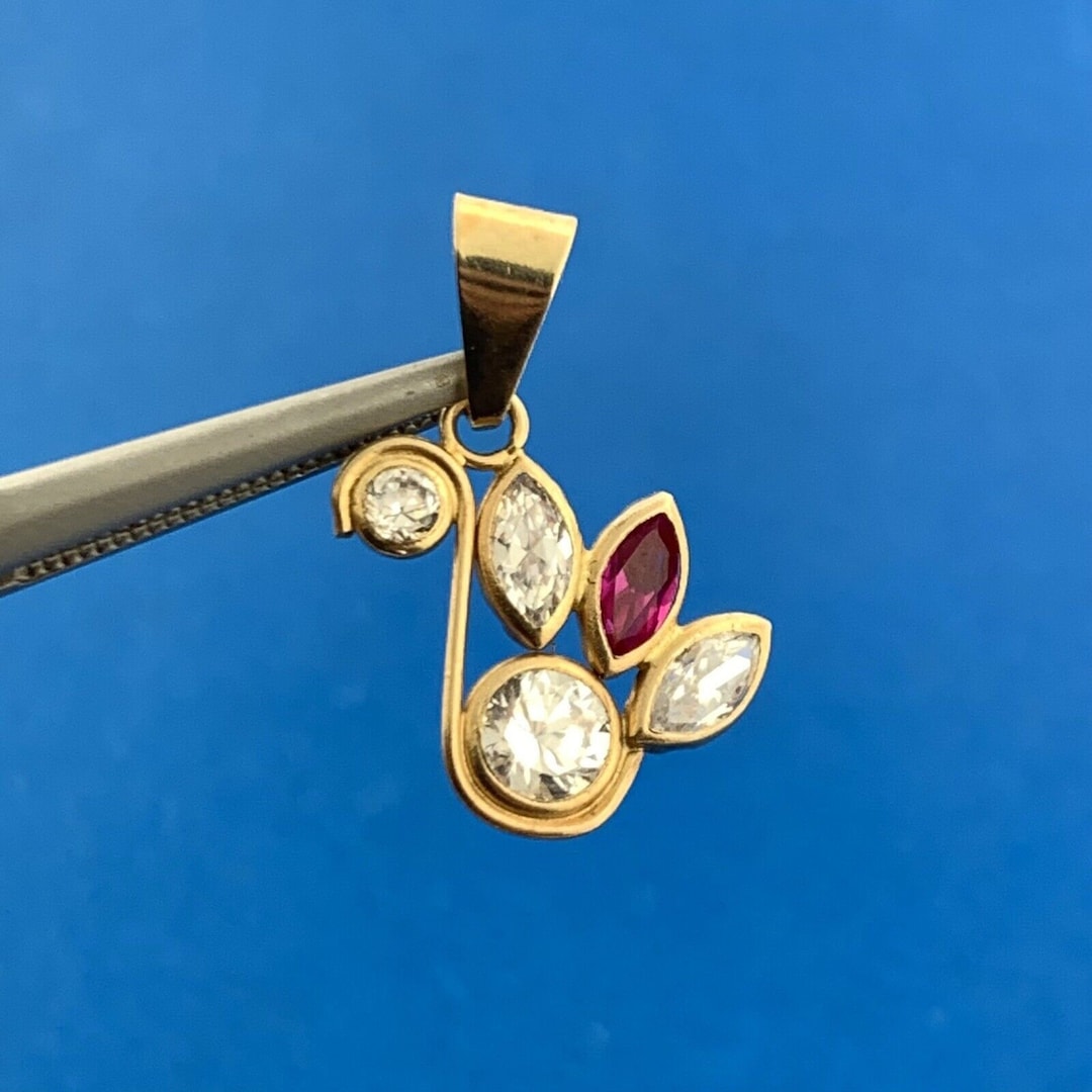 Vintage Mexico 10K Yellow Gold Ruby White Topaz Modernist Floral Dangle ...