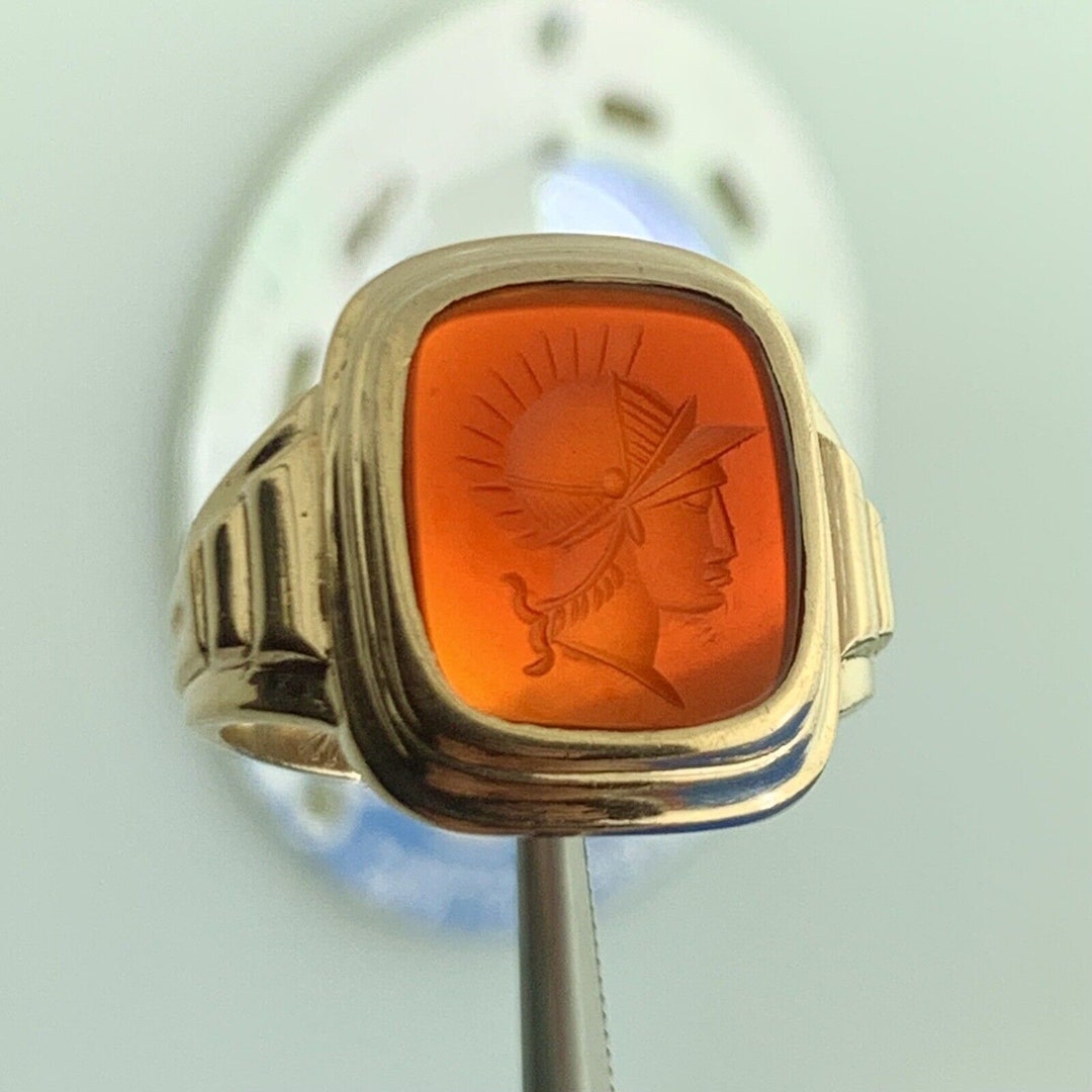 Estate 10K Yellow Gold Carved Centurion Soldier Unisex Statement Ring ...