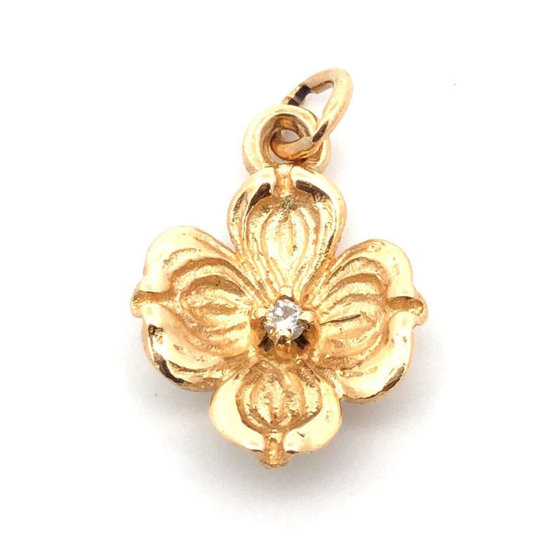 Designer 14K Yellow Gold Diamond Flower Dogwood Blossom Textured Charm ...