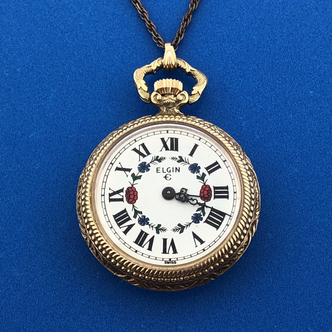 Elgin Gold Tone Ornate 17 Jewels Ladies Floral Pendant Watch With Chain ...