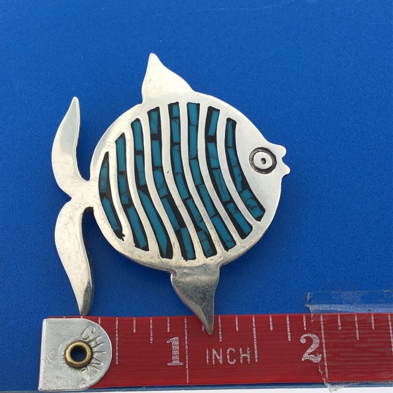 Taxco Mexico TV-01 EVC Sterling Silver Turquoise Inlay Fish Statement ...