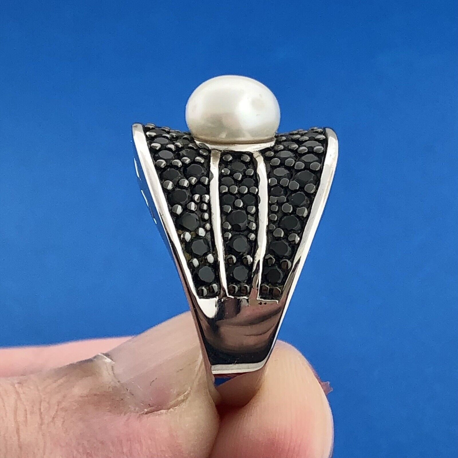 Designer BBJ Sterling Silver 925 Pearl Black Onyx Encrusted Dome Ring ...