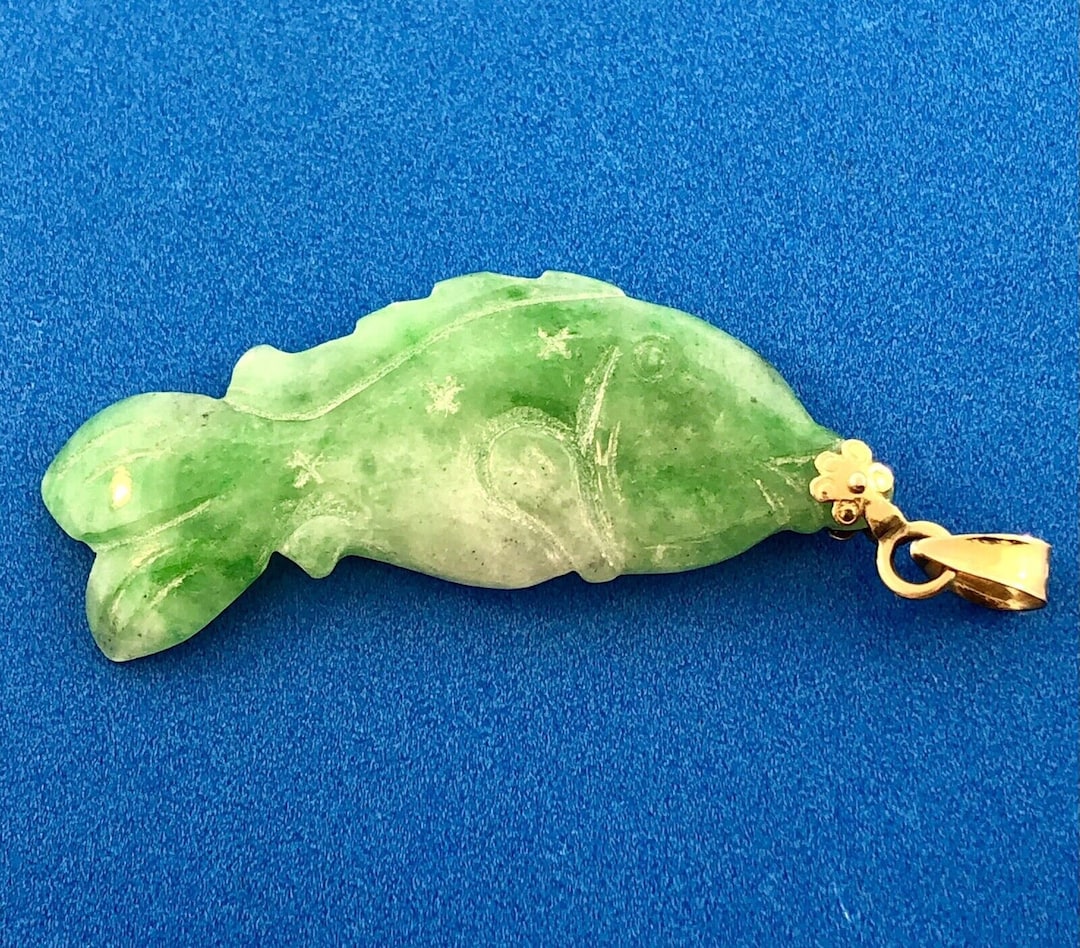 Vintage 14K Yellow Gold Hand Carved Jade Jadeite Carp Koi Tarpon Fish ...