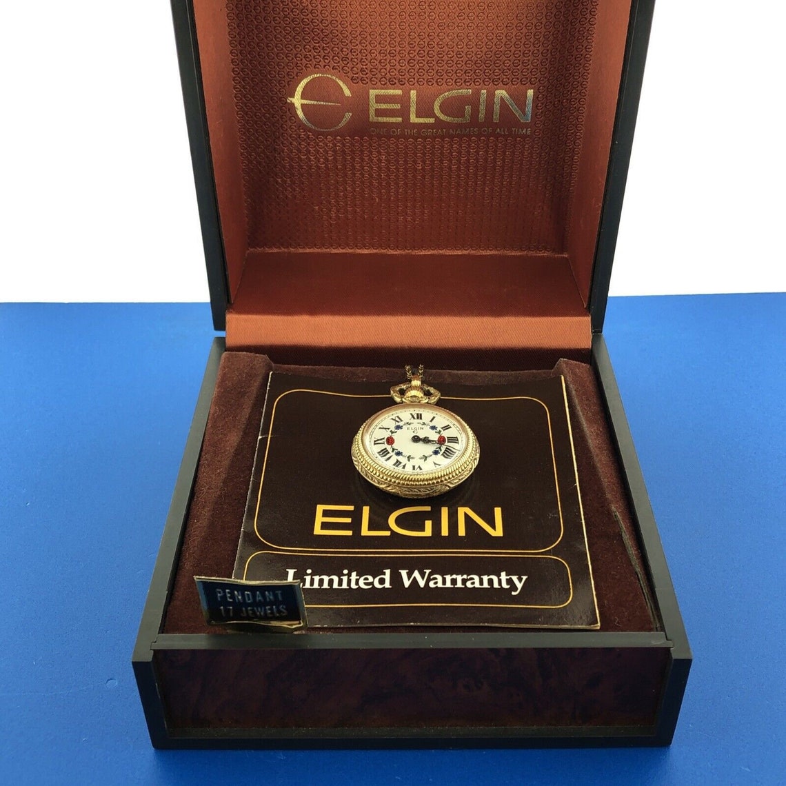 Elgin Gold Tone Ornate 17 Jewels Ladies Floral Pendant Watch With Chain ...