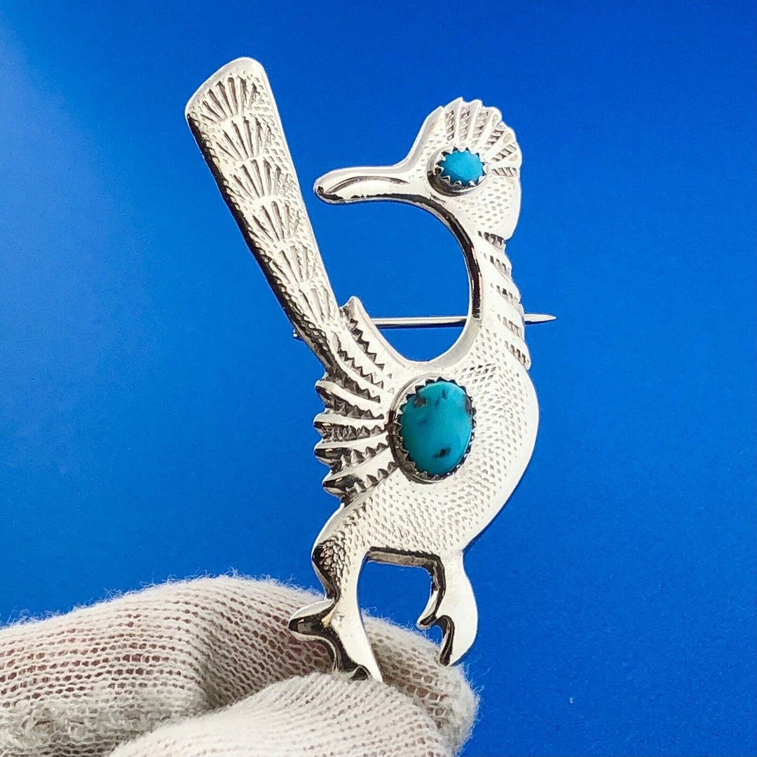 Vintage Old Pawn 925 Sterling Silver Turquoise Road Runner Pin Brooch ...