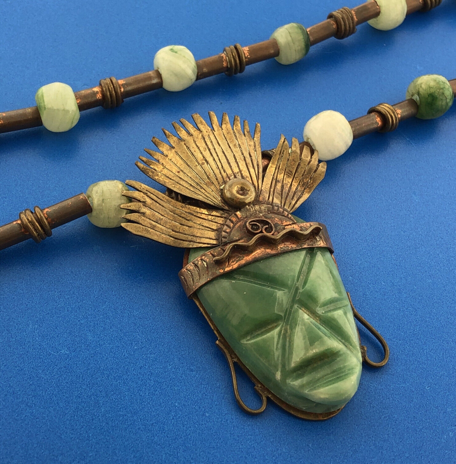 Casa Maya Mexico Brass Copper Jade South American Aztec Head 26" Tribal ...