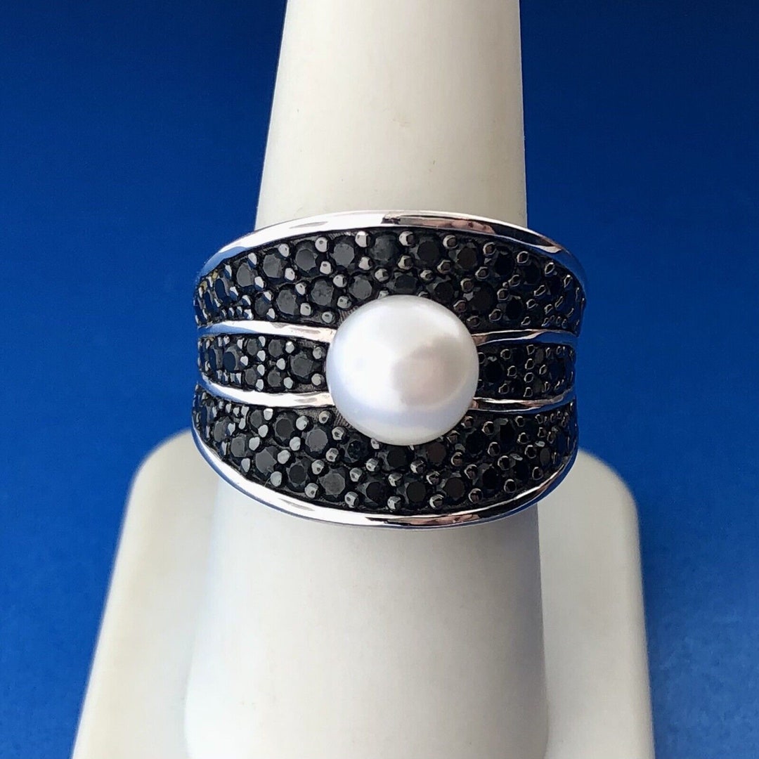 Designer BBJ Sterling Silver 925 Pearl Black Onyx Encrusted Dome Ring ...