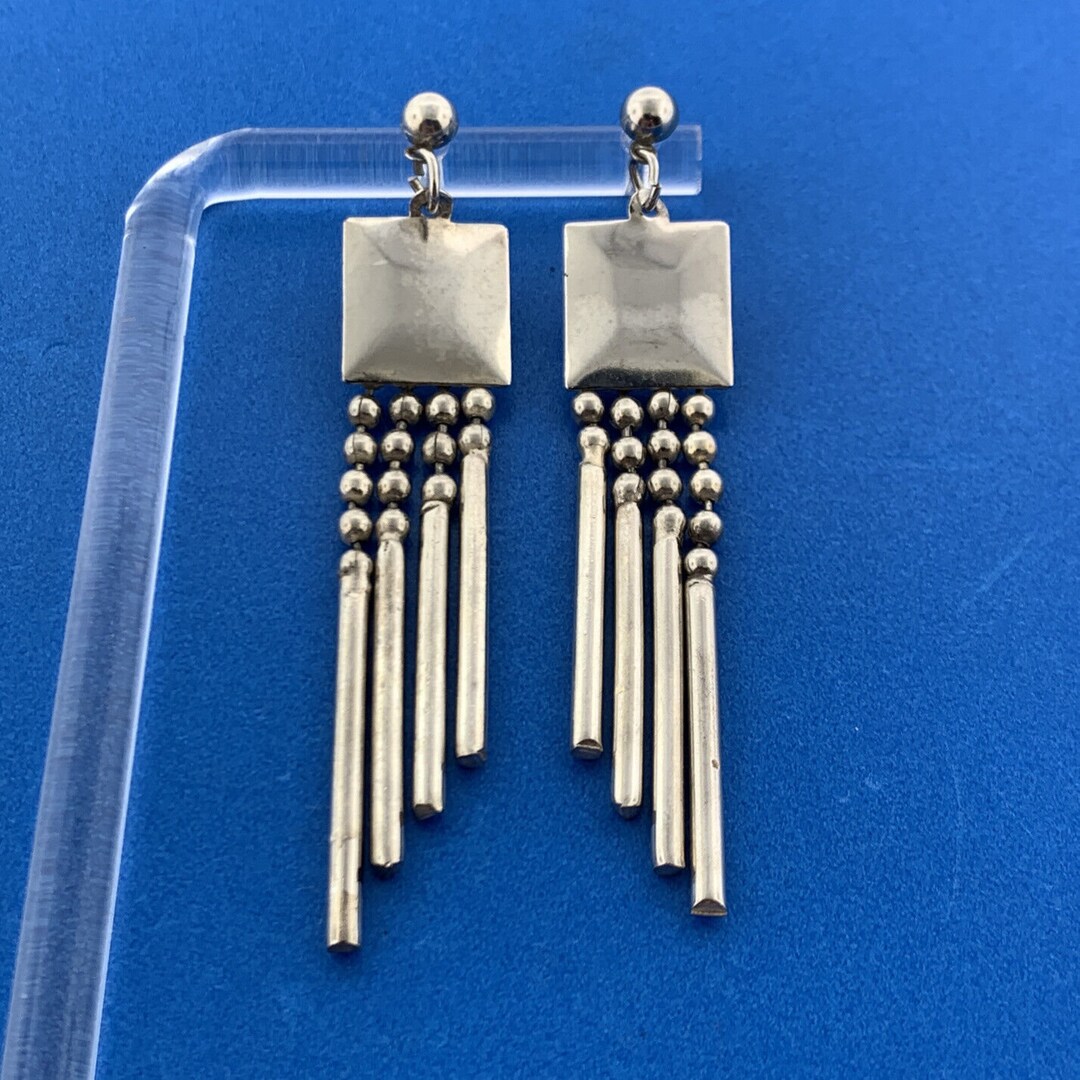 Stunning Silver Toned Metal Square Swinging Rods Stud Dangle Earrings ...