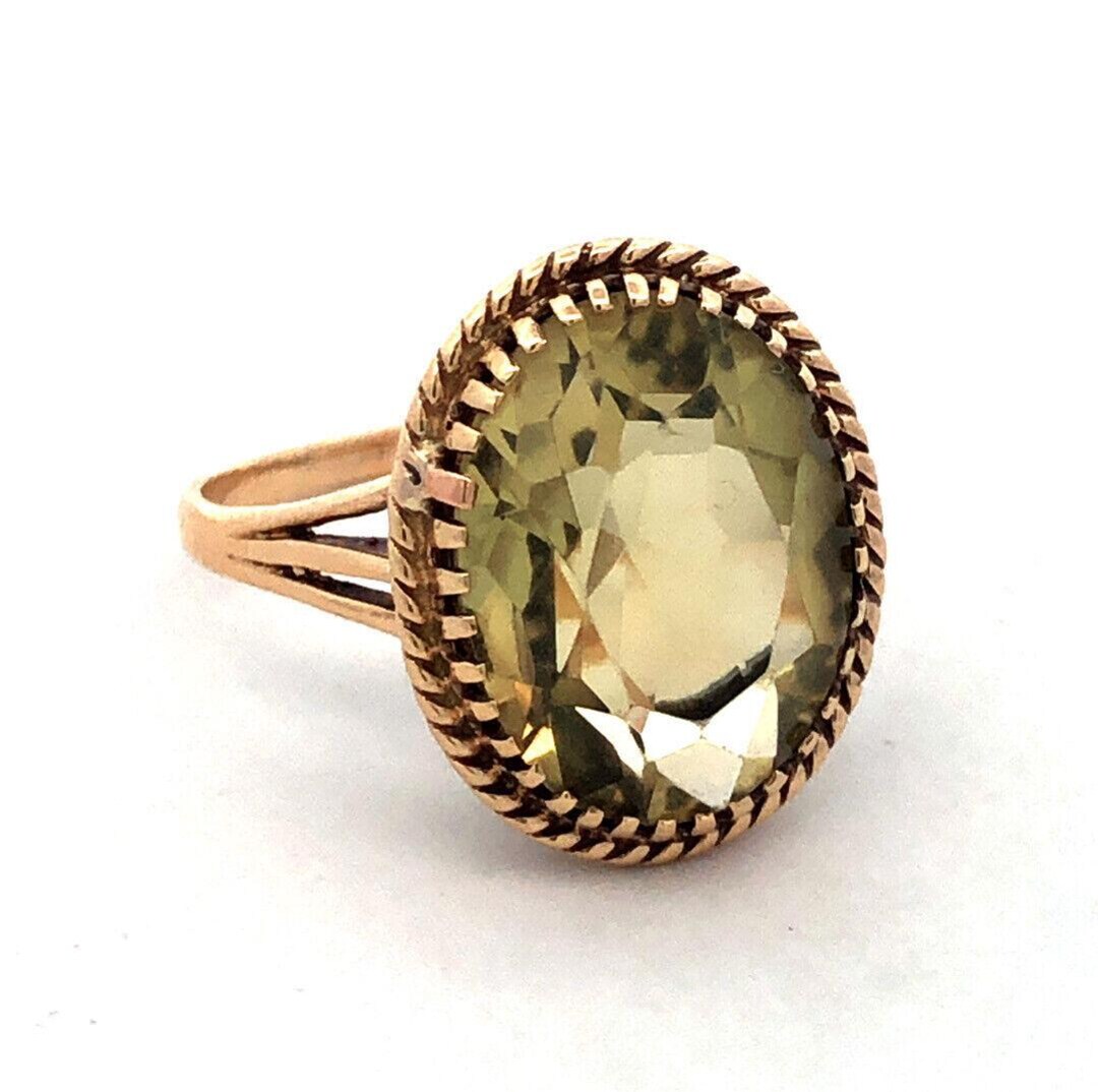 Vintage Siffari 14K Yellow Gold Oval Green Amethyst Solitaire Cocktail ...